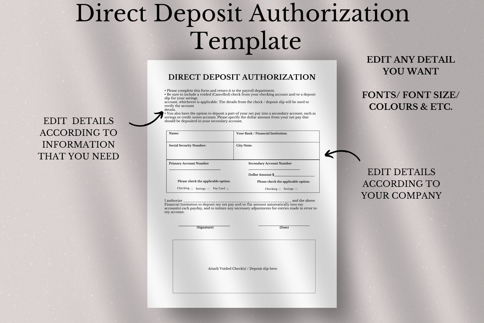 Editable Direct Deposit Authorization Template, HR Employee Form (canva ...