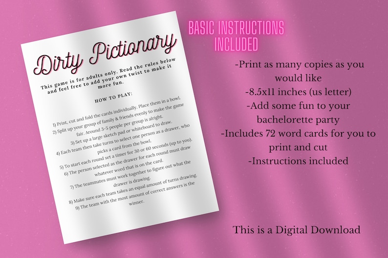 Dirty Pictionary Bachelorette Party Game: 72 Words (digital Download ...