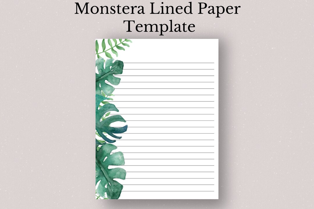 Printable Monstera Leaves Lined Paper, Lined Paper, Wide Ruled Paper ...