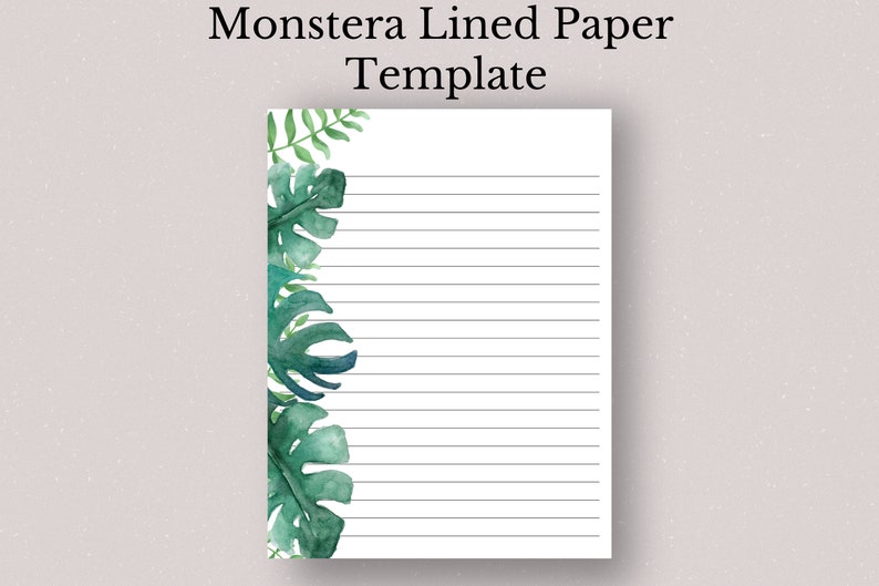Printable Monstera Leaves Lined Paper, Lined Paper, Wide Ruled Paper ...