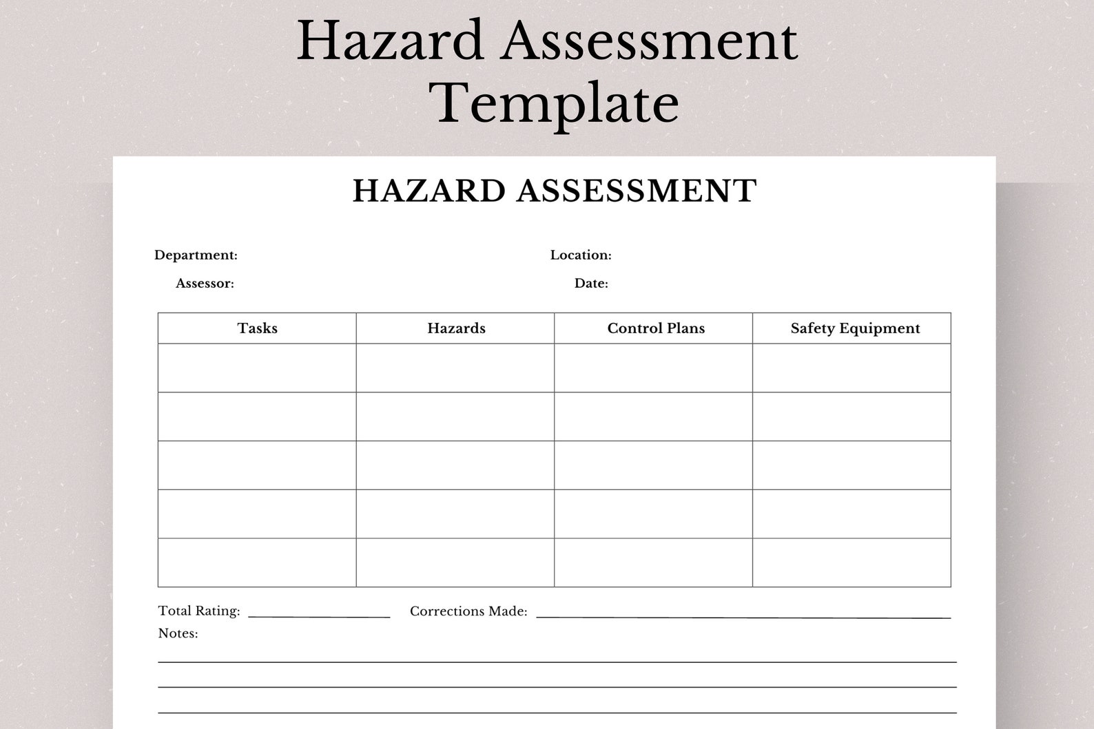 Printable Hazard Assessment Template, Hazard Assessment Form, Hazard Assessment Sheet, Workplace ...