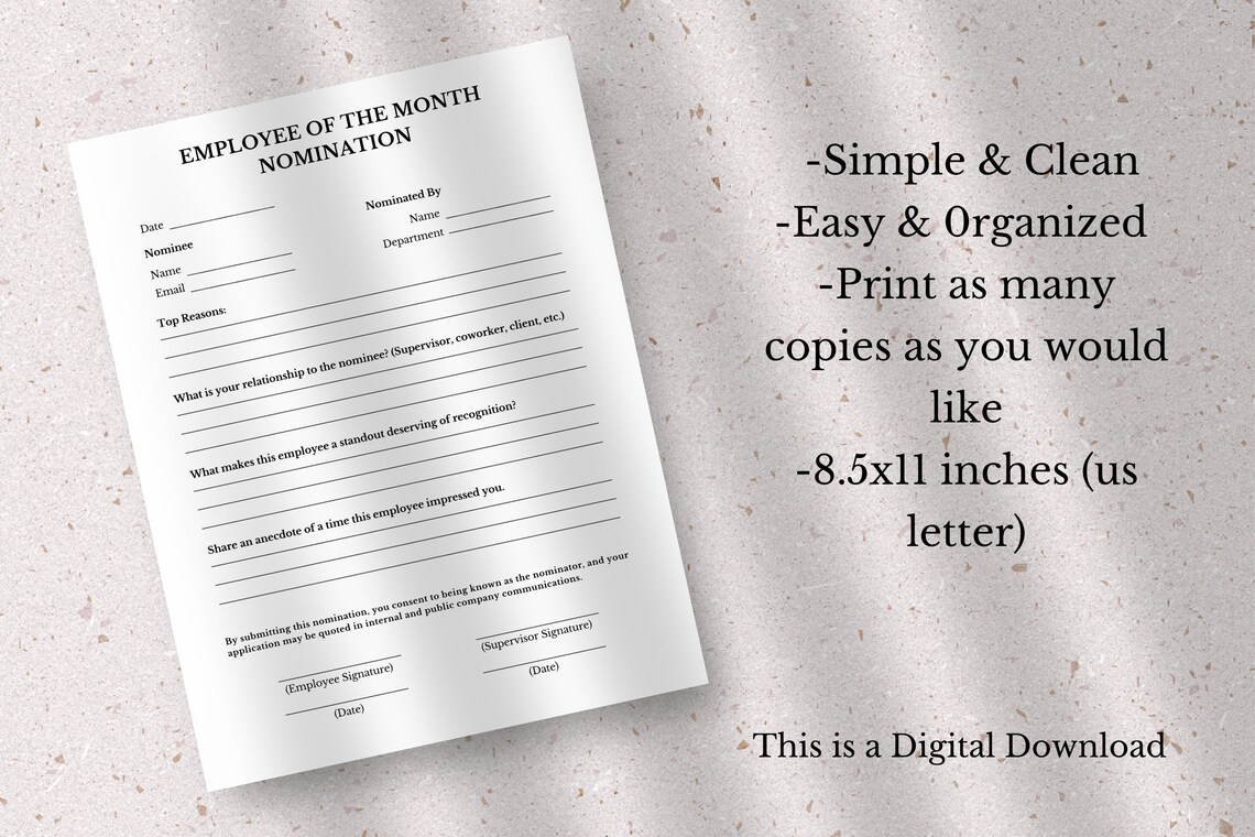 Editable Employee of the Month Nomination Template (canva, PDF) - Etsy