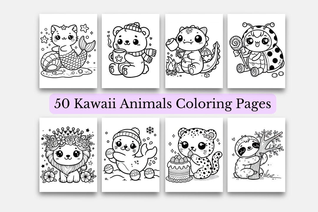 50 Kawaii Animals Coloring Pages Bundle, Kids & Adults (digital ...