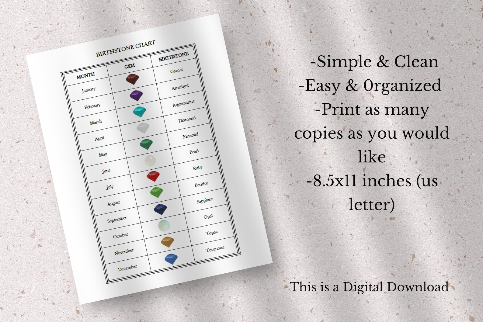 Printable Birthstone Chart, Gemstone Guide for Jewelry, Birthdays and ...