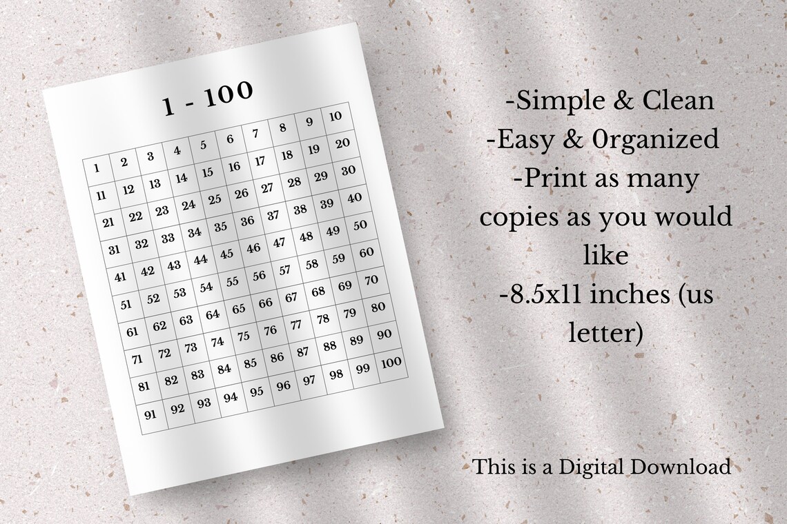 Numbers 1-100 Chart Printable, Kids Learning (PDF File) - Etsy Canada