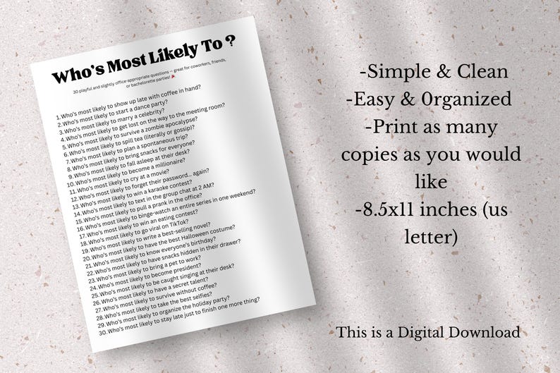 Who's Most Likely to Game, Bachelorette Office Party Icebreaker (PDF ...