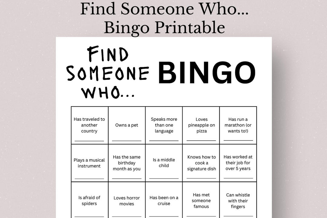 Printable Find Someone Who Bingo Game, 1 Page Bingo, Get to Know You ...