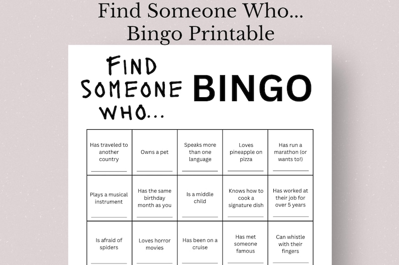 Printable Find Someone Who Bingo Game, 1 Page Bingo, Get to Know You ...