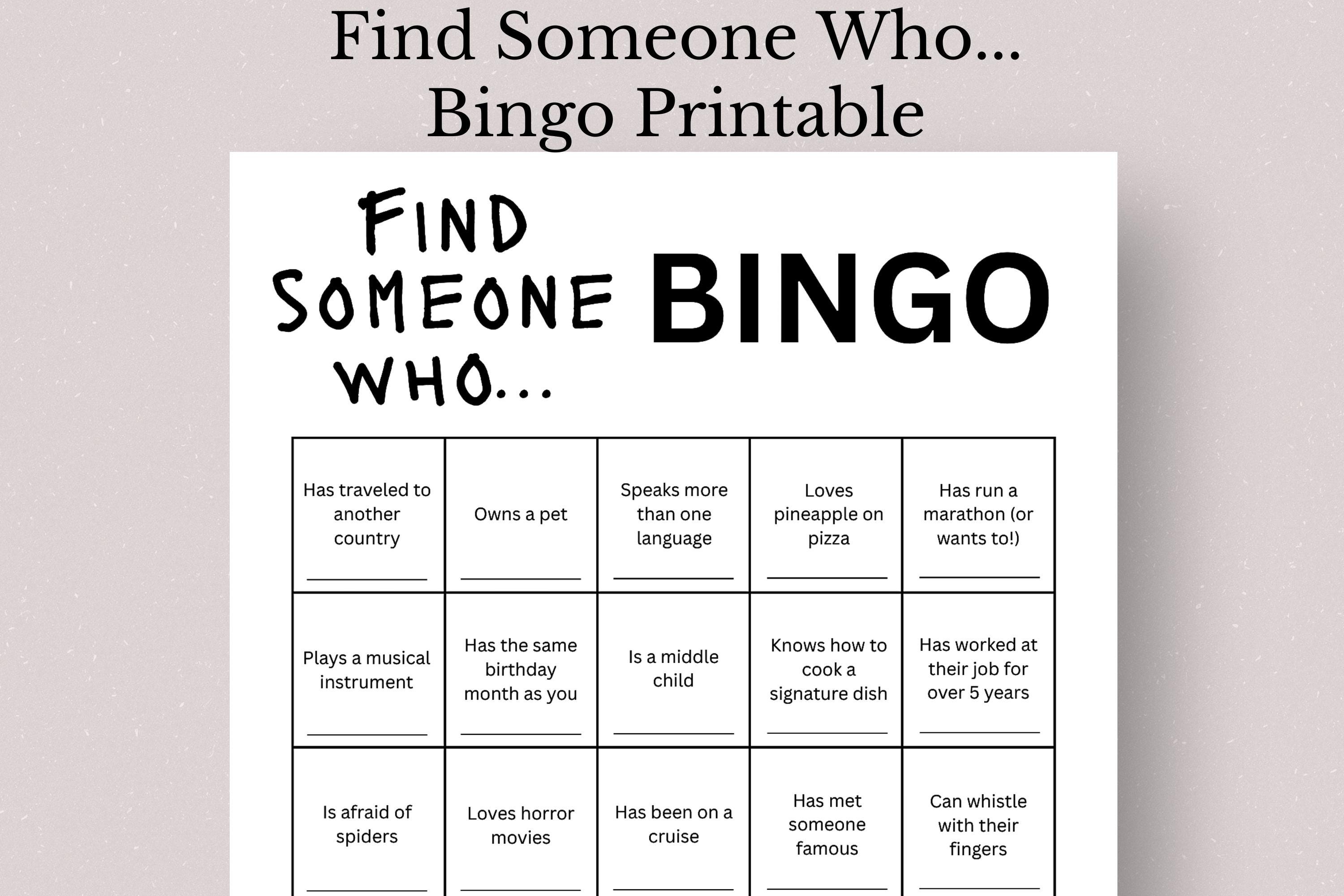 Printable Find Someone Who Bingo Game, 1 Page Bingo, Get to Know You ...