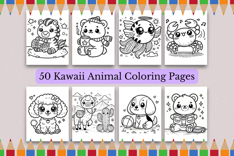 50 Kawaii Animals Coloring Pages for Kids Bundle. Animal Coloring ...