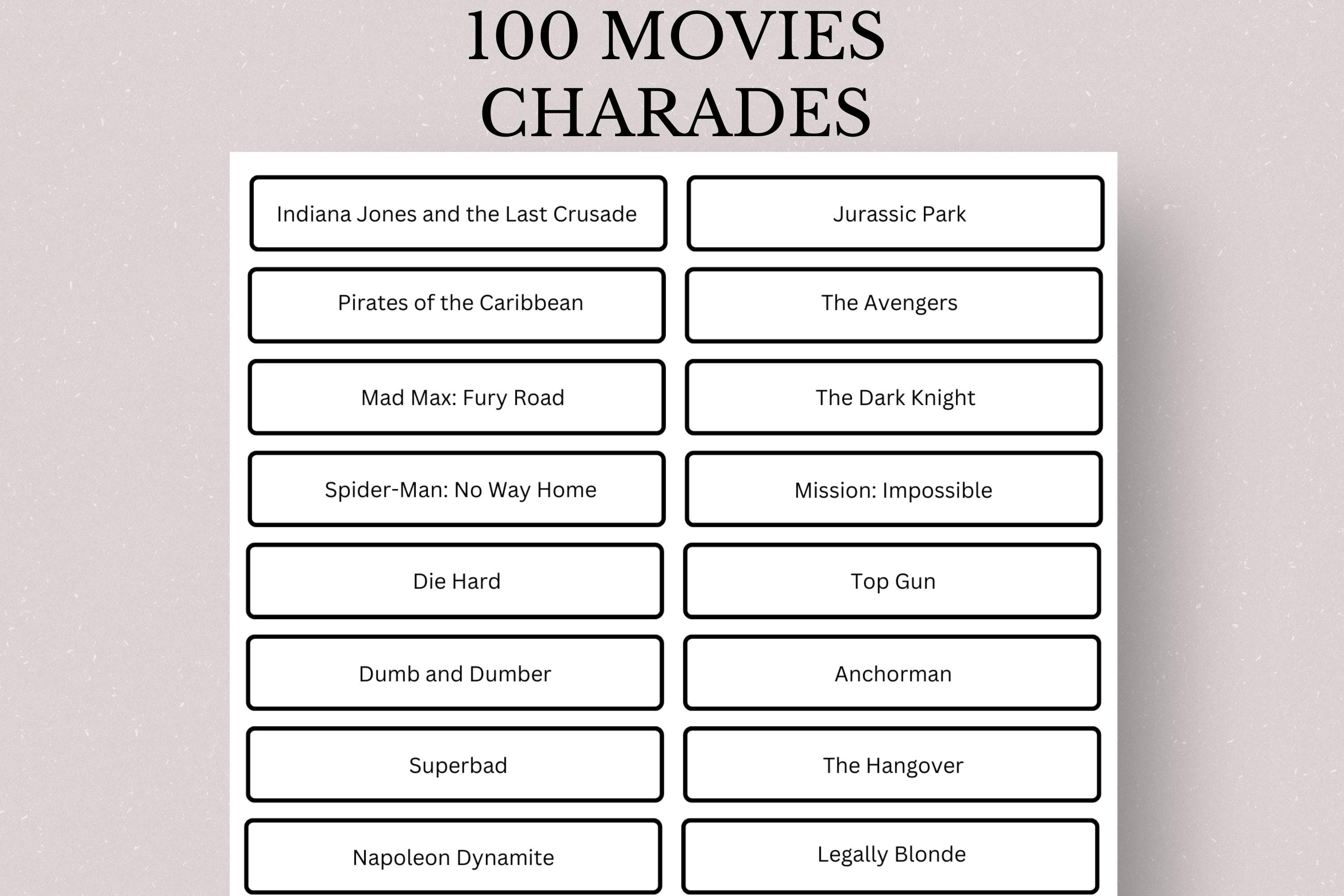 100 Printable Movie Names Charades, Group Games, Movie Charades For ...
