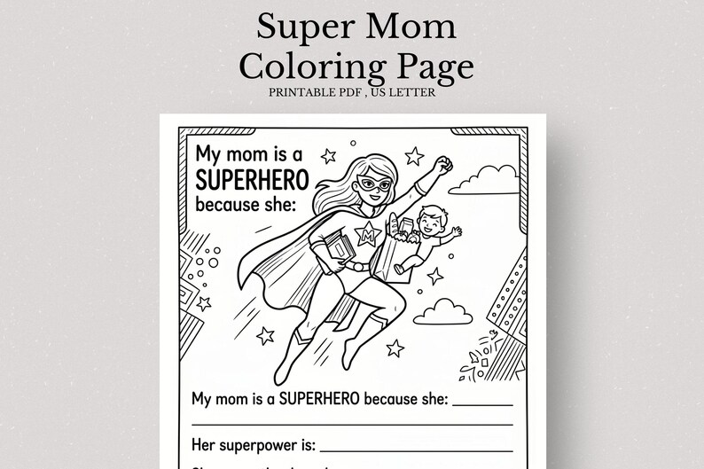 Superhero Mom Coloring Page, Mother's Day Kids Activity (PDF Download ...