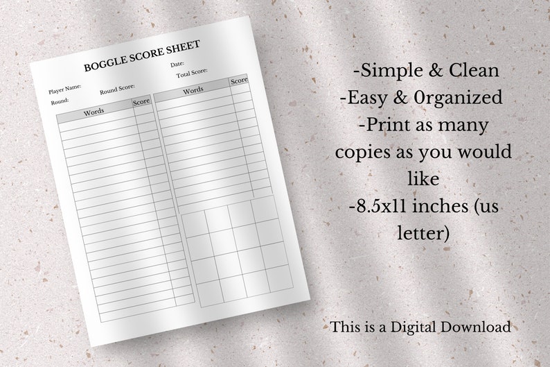 Boggle Score Sheet Template, Printable Boggle Score Sheet, Card Game ...