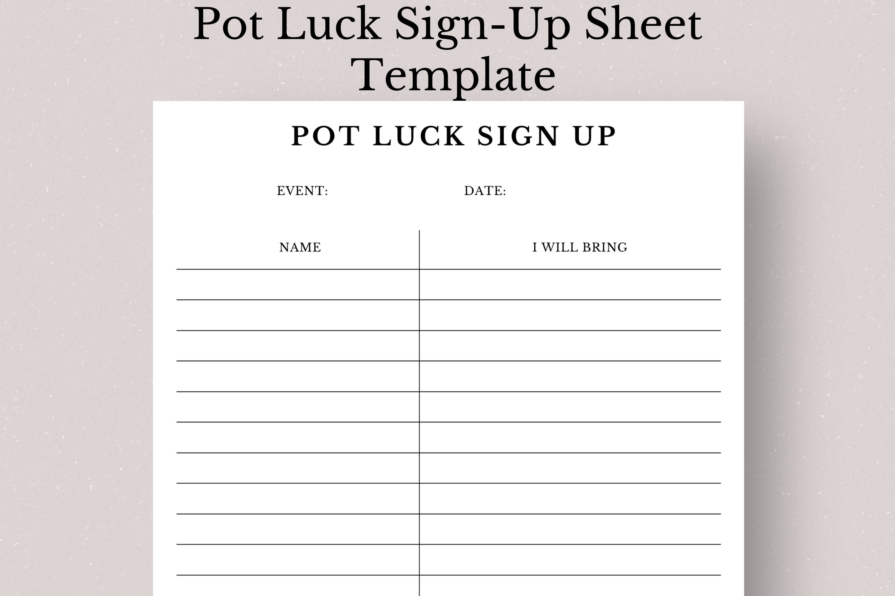 Pot Luck Sign up Sheet, Pot Luck Sheet, Sign-up Template, Food Potluck ...