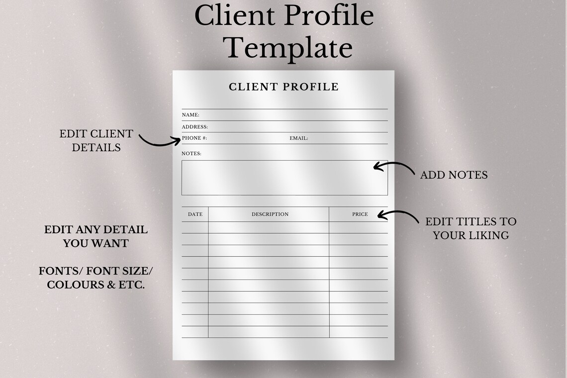 Client Profile Template, Printable Client Details Template, Fillable ...