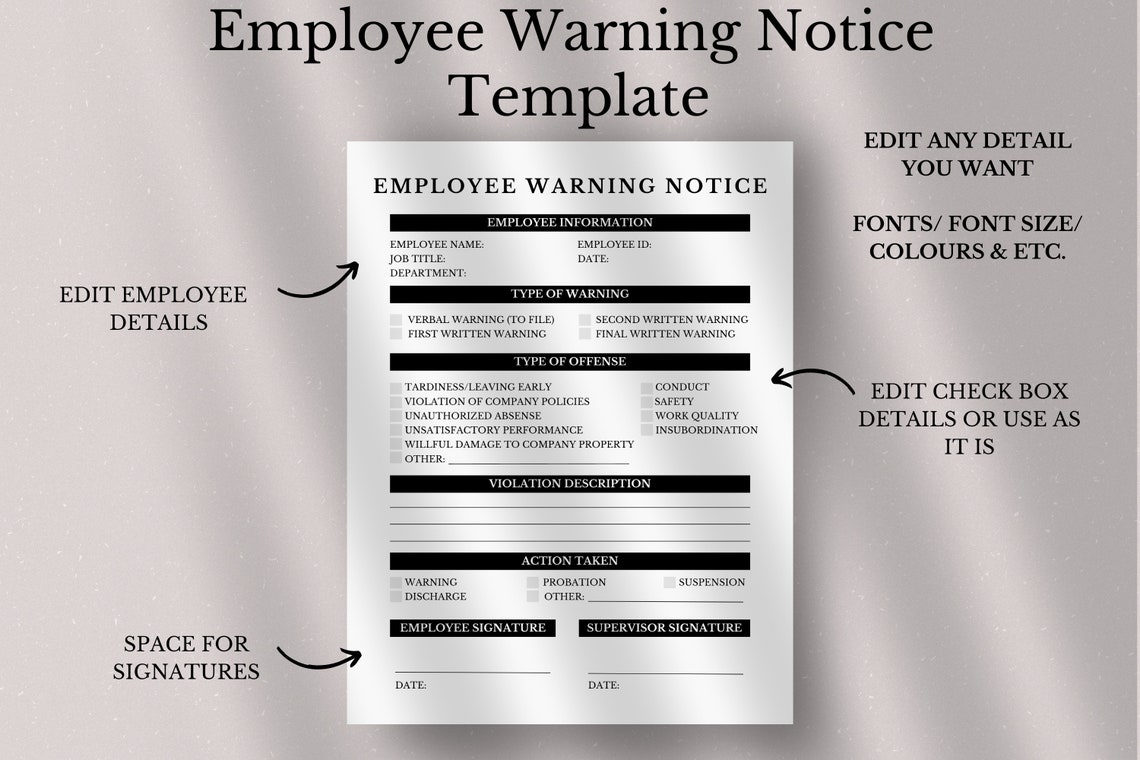 Editable Employee Warning Notice Template (PDF) - Etsy