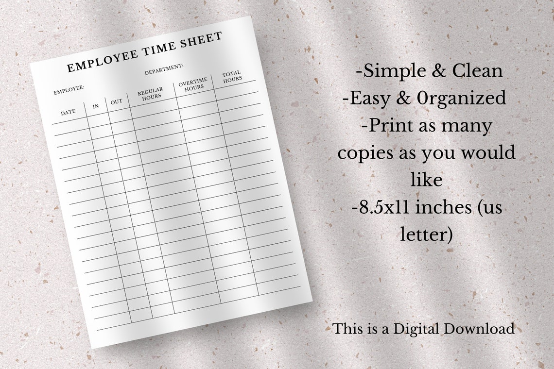 Employee Time Sheet PDF | Time In/out + Regular & Overtime Hours ...