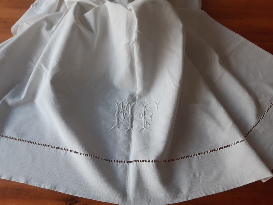 2 Identical Antique Linen Flap Sheets With Large MF Monogram Embroidery ...