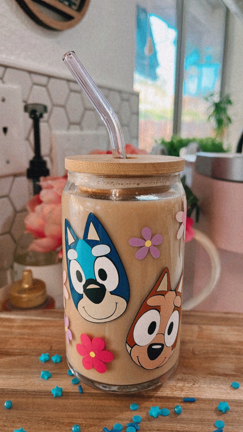 Vaso Bluey Glass con tapa y pajita de cristal - Etsy España