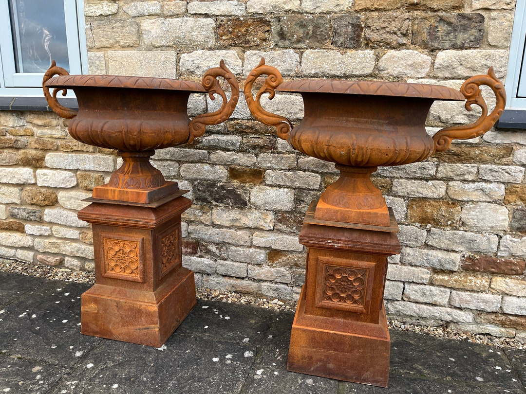 Pair of Cast Iron Urns and Plinths - Garden Planters - Etsy UK