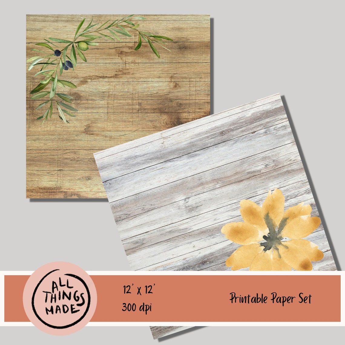 Printable Paper Set Of4, Scrapbooking Paper, Wood Pattern With Flower ...