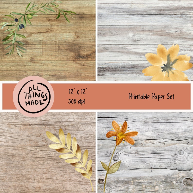 Printable Paper Set Of4, Scrapbooking Paper, Wood Pattern With Flower ...