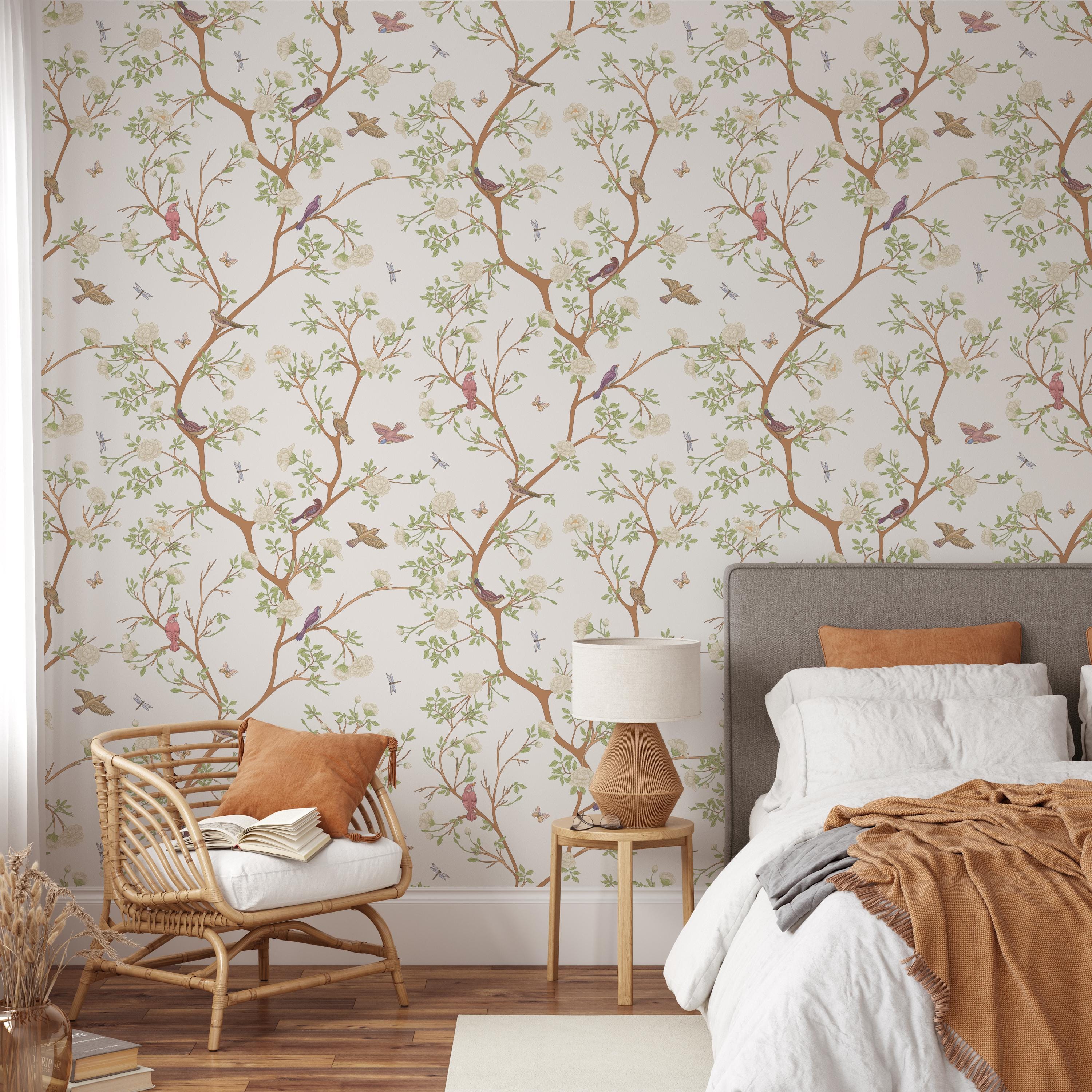 Peel & Stick WALLPAPER Fabric SELINA Chinoiserie Floral Mural Pattern ...