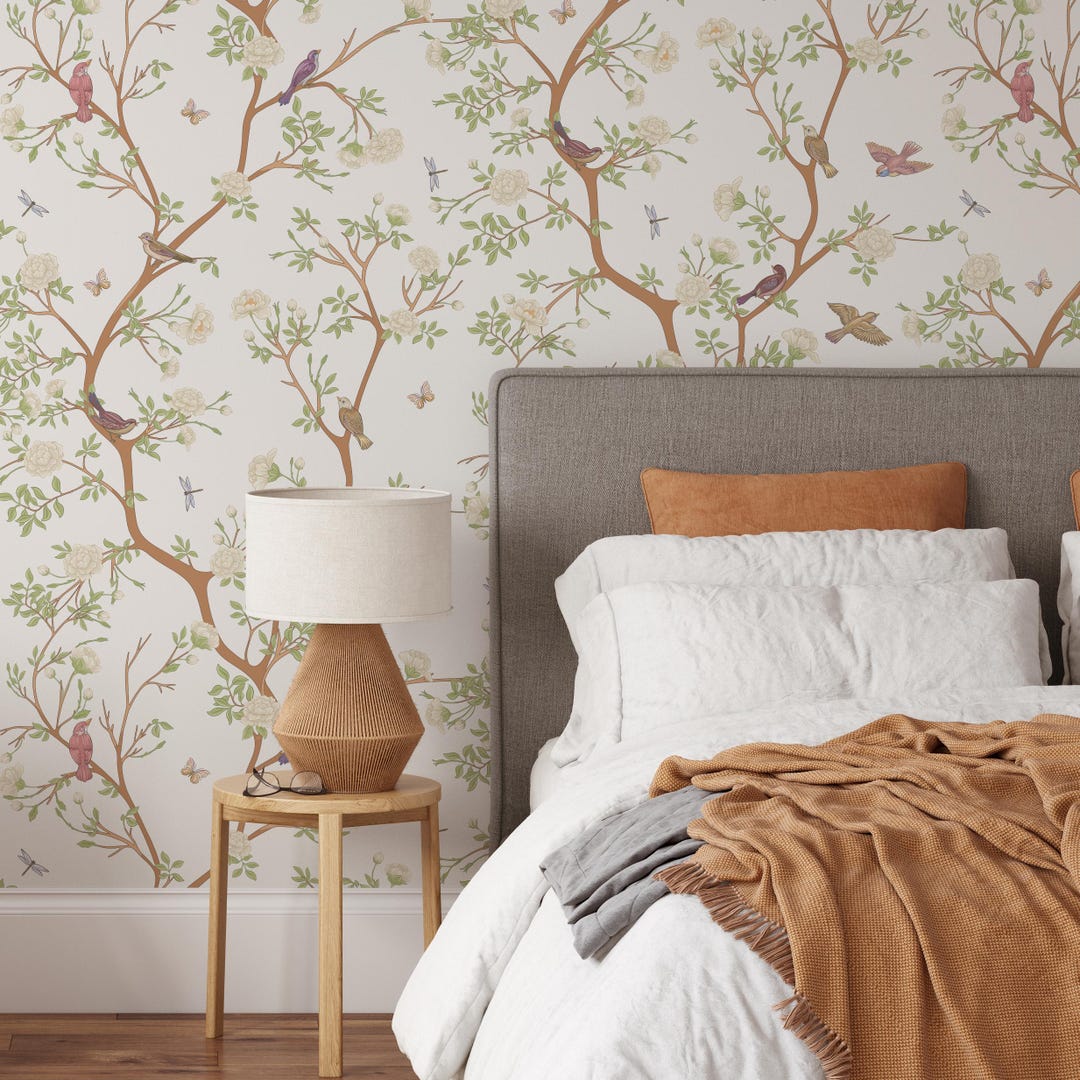 Peel & Stick WALLPAPER Fabric SELINA Chinoiserie Floral Mural Pattern ...