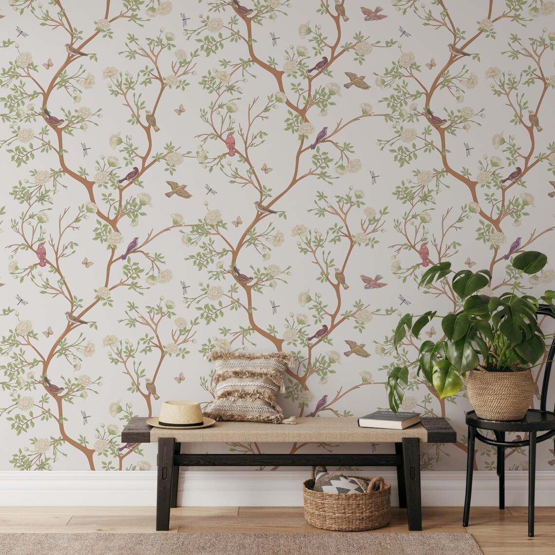Peel & Stick WALLPAPER Fabric SELINA Chinoiserie Floral Mural Pattern ...