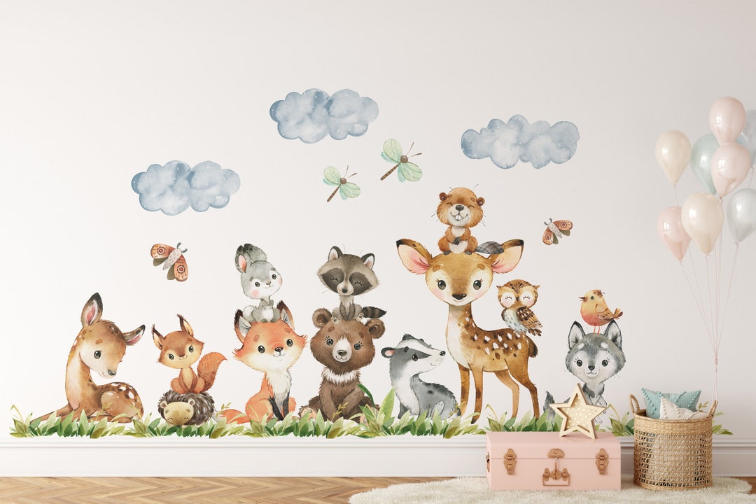 Peel & Stick 12 Woodland Animals Wall Decals Baby Bedroom Nursery Décor ...