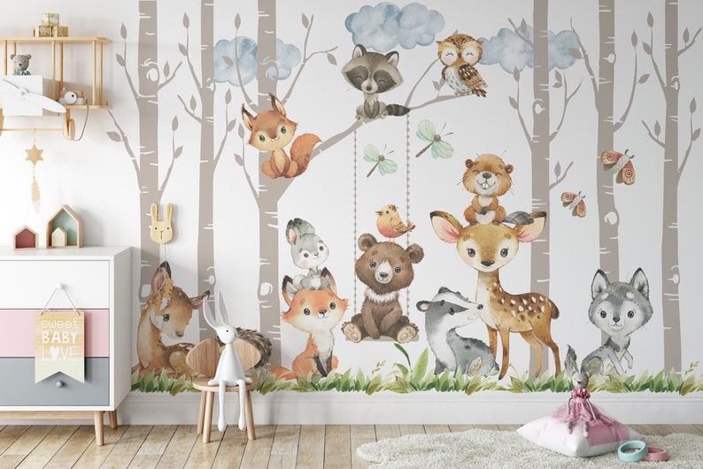 SAMPLE Woodland Wall Decals SET Watercolor Vinyl and Peel and Stick ...