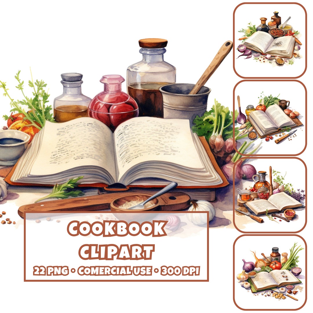 Watercolor Cookbook Clipart, Kitchen Clipart, Cookbook PNG, Cookbook ...
