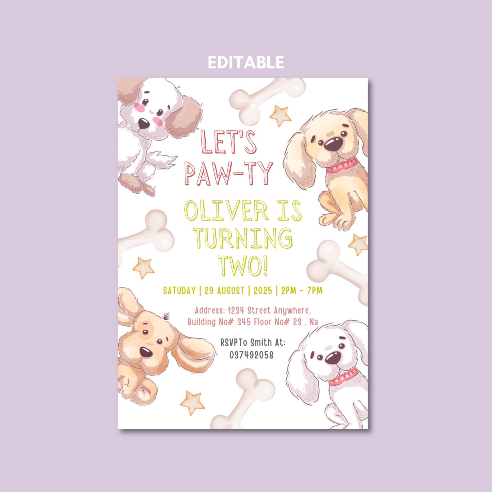 Editable Dog Birthday Party Invitation Puppy Birthday Invite Pink ...