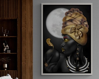 African Woman Wall Art, Black Woman Face Framed Canvas, Golden Lips Wall Art, Black Woman Canvas ...