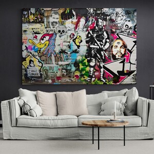 Banksy Canvas, Colourful Mixed Graffiti, Street Graffiti Decor, Famous ...