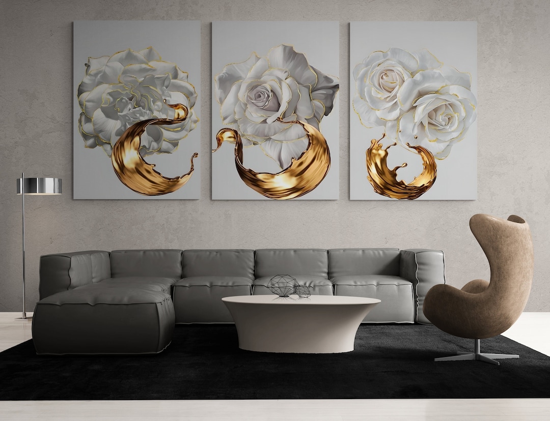 White Rose Canvas, Gold Wall Art, Golden Ink Splash Canvas, Flowers ...