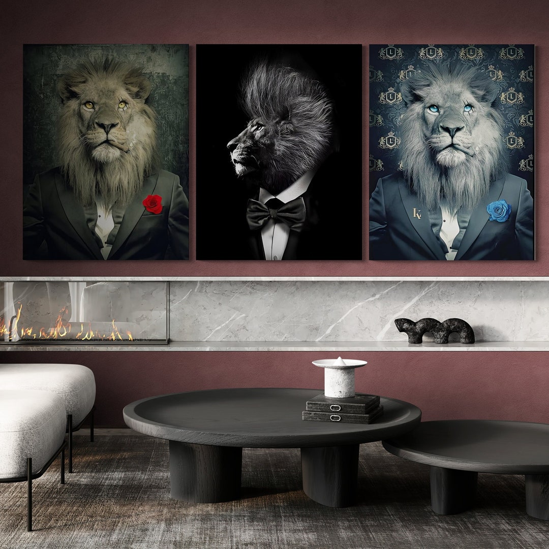 Set of 3 Lion Canvas, King Lions Wall Art, Animal Wall Art, Suit Lions ...