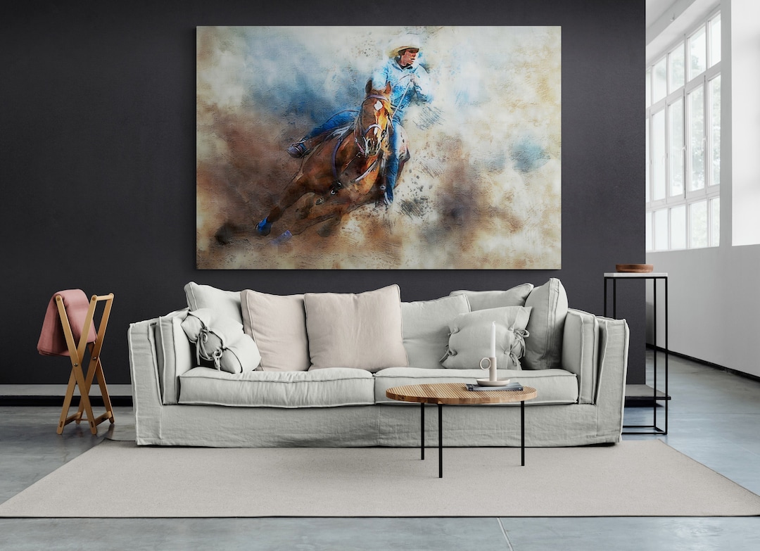 Cowboy Canvas, Horse Wall Art, Cowboy Doing Rodeo Canvas, Barrel Racing ...