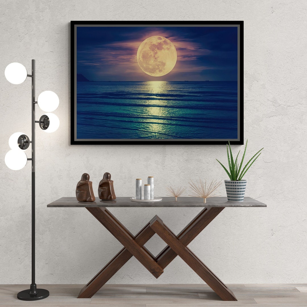 Huge Full Moon Framed Canvas, Moon Landscape Wall Art, Sea and Moon Canvas, Sea Landscape Wall ...
