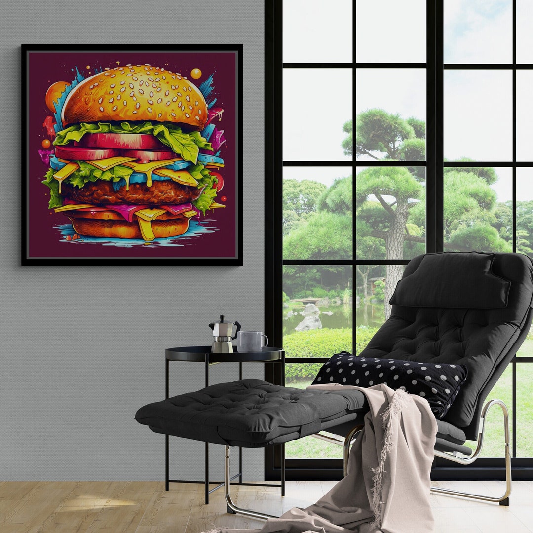 Pop Art Burger Framed Canvas, Hamburger Wall Art, Fast Food Wall Art ...