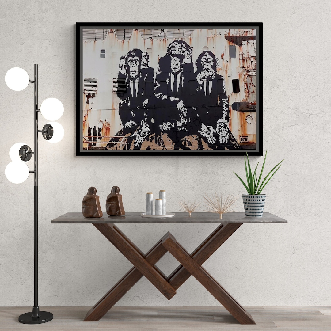 BANKSY Three Wise Monkeys, Banksy Framed Canvas, Monkey Wall Art ...