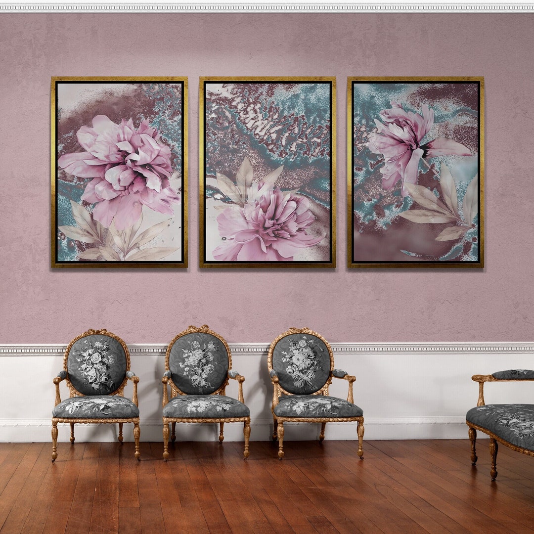 Pink Roses Wall Art, Flowers Framed Canvas, Set of 3 Wall Art ...