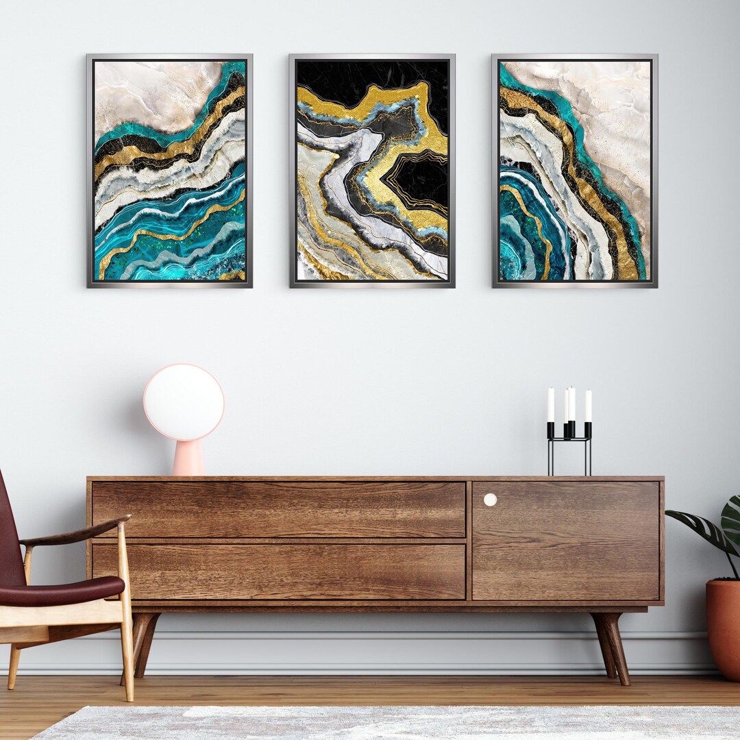 Blue Gold Geode Wall Art Set of 3 – Abstract Canvas Prints Inspired by ...