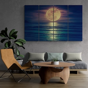 Huge Full Moon Framed Canvas, Moon Landscape Wall Art, Sea and Moon ...