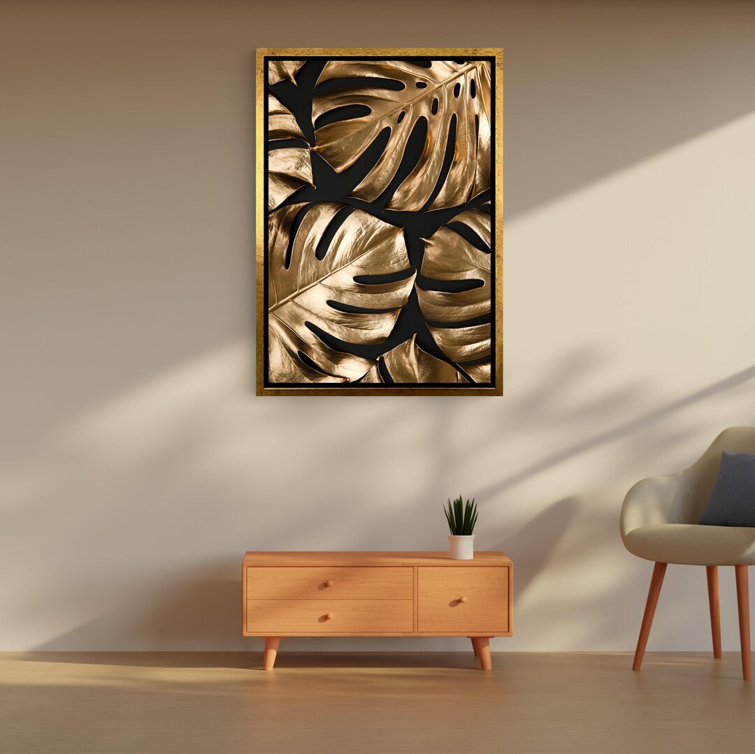 Golden Monstera Leaf Canvas Art – Tropical Botanical Wall Decor - Etsy