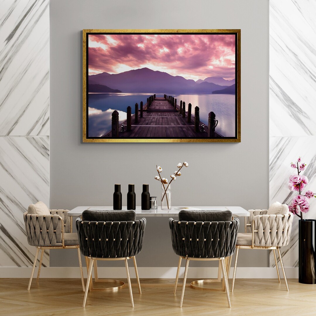 Pink Dock Canvas, Mountain Landscape Framed Canvas, Dock Landscape Wall ...