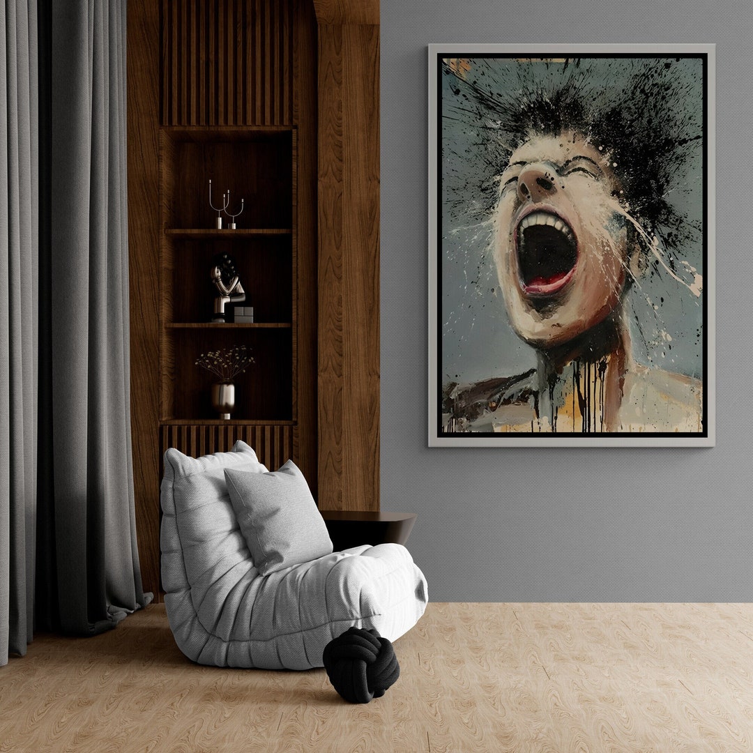 Screaming Man Framed Canvas, Absurd Drawing Wall Art, Watercolor Effect ...