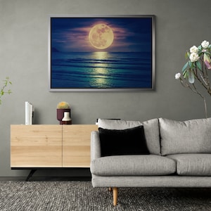 Huge Full Moon Framed Canvas, Moon Landscape Wall Art, Sea and Moon ...