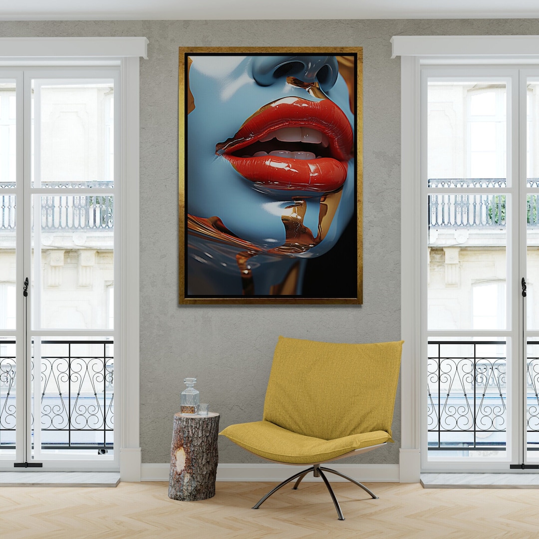 Red Lips Canvas, Woman Wall Art, Abstract Wall Art, Gold Detailed ...
