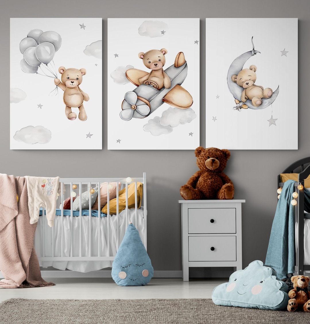 Set of 3 Teddy Bear Canvas, Nursery Wall Art, Nursery Wall Art Animals ...